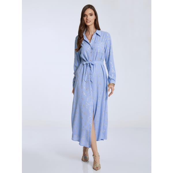 Φόρεμα με μεταλλιζέ φύλλα σε γαλάζιο | Celestino