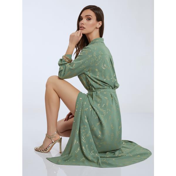 Φόρεμα με μεταλλιζέ φύλλα σε χακί ανοιχτό | Celestino