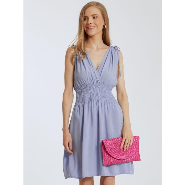 Mini φόρεμα με σούρες στους ώμους σε σιέλ | Celestino