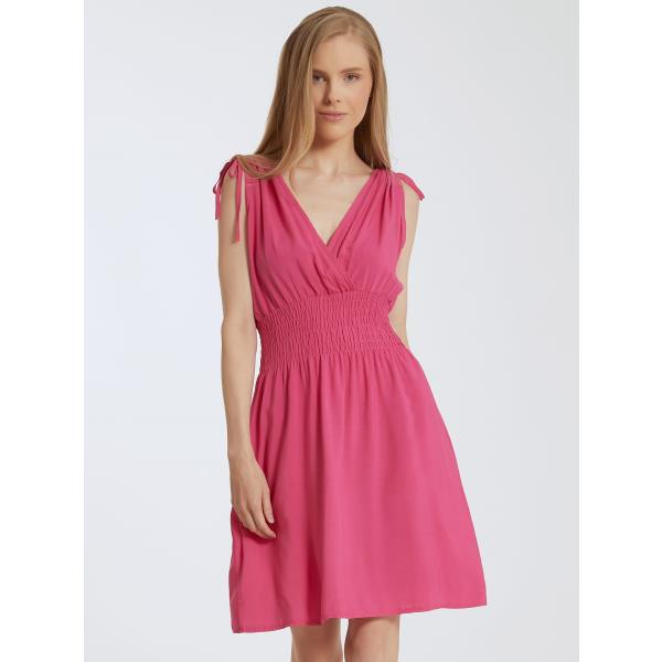 Mini φόρεμα με σούρες στους ώμους σε φούξια | Celestino