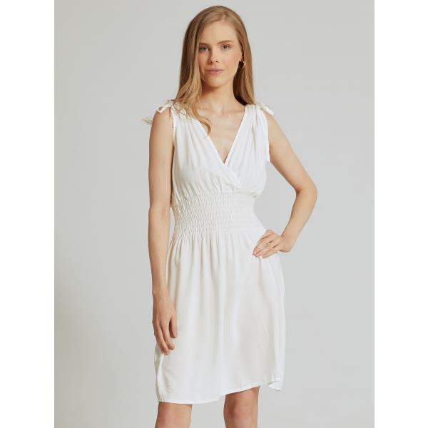 Mini φόρεμα με σούρες στους ώμους σε εκρού | Celestino