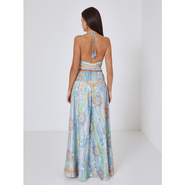 Σετ εμπριμέ crop top με παντελόνα σε μπλε | Celestino
