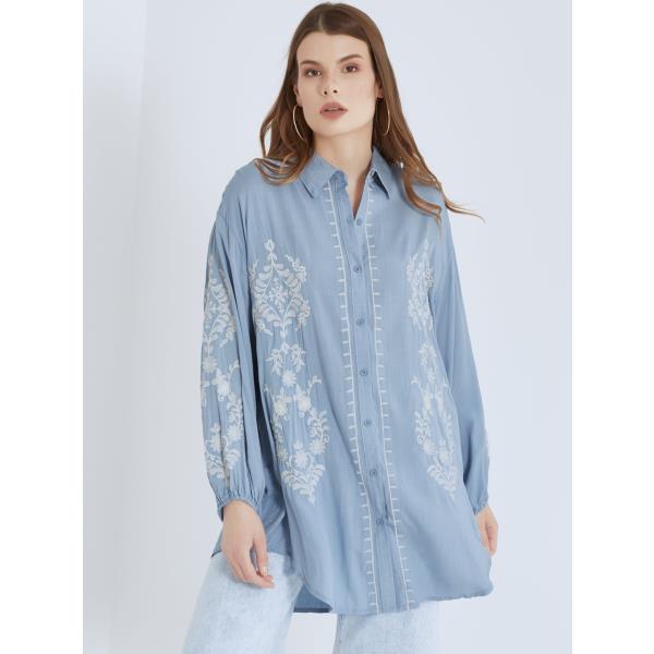 Πουκαμίσα με κέντημα σε σιέλ | Celestino