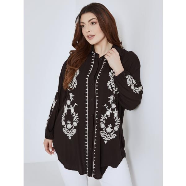 Πουκαμίσα με κέντημα curvy σε μαύρο | Celestino