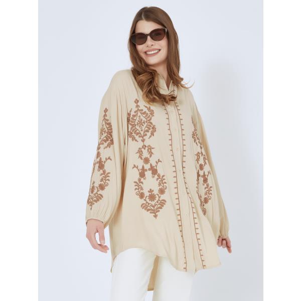 Πουκαμίσα με κέντημα σε μπεζ | Celestino