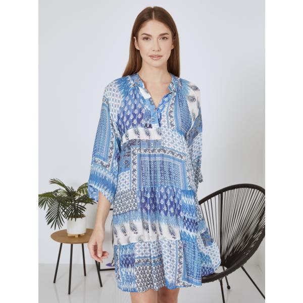 Φόρεμα καφτάνι εμπριμέ με βαμβάκι μίνι σε μπλε, 4,99€ | Celestino