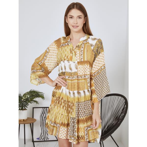 Φόρεμα καφτάνι εμπριμέ με βαμβάκι μίνι σε μουσταρδί | Celestino