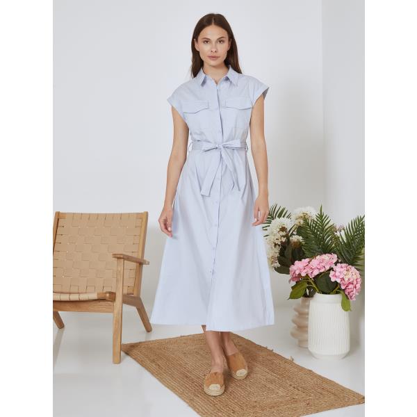 Φόρεμα μίντι βαμβακερό με τσέπες σε σιέλ | Celestino