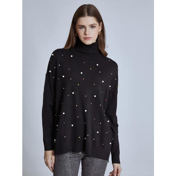 Turtleneck with pearls and strass in black | Celestino