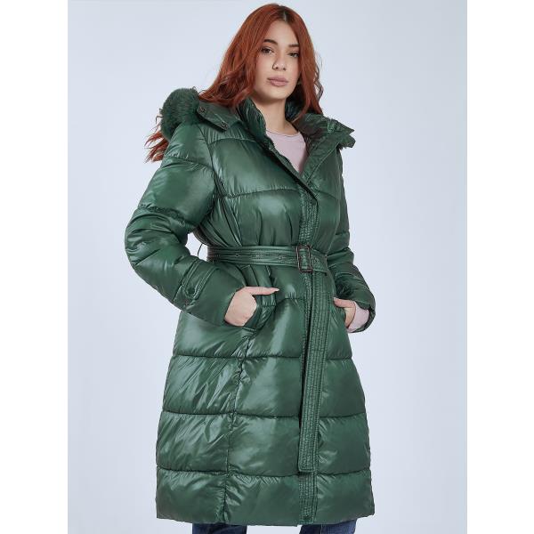 Puffer μπουφάν με ζώνη curvy σε πράσινο σκούρο | Celestino