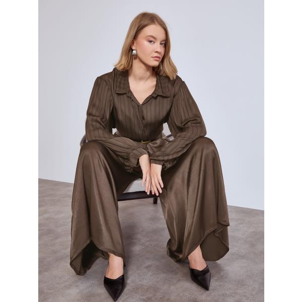 Παντελόνα σατέν με ζώνη σε καφέ σκούρο | Celestino